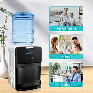 PUREPLUS Water Cooler Top Loading Countertop Water Cooler Dispenser, Hot & Cold Water, Child Safety Lock, Holds 3 or 5 Gallon Bottles, Compression Refrigeration Technology, Black