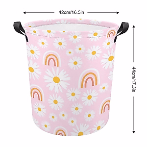 Daisy Flower And Rainbow on Pink Storage Basket Bin, Round Laundry Bakset Hamper Collapsible Nursery Bin with Handle for Clothes Toys Books Home Decor