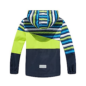 LOKTARC Big Boys Girls Rain Jackets Stripe Color Block Kids Lightweight Waterproof Hooded Raincoats Fluorescent Green 7-8 Years/Size L