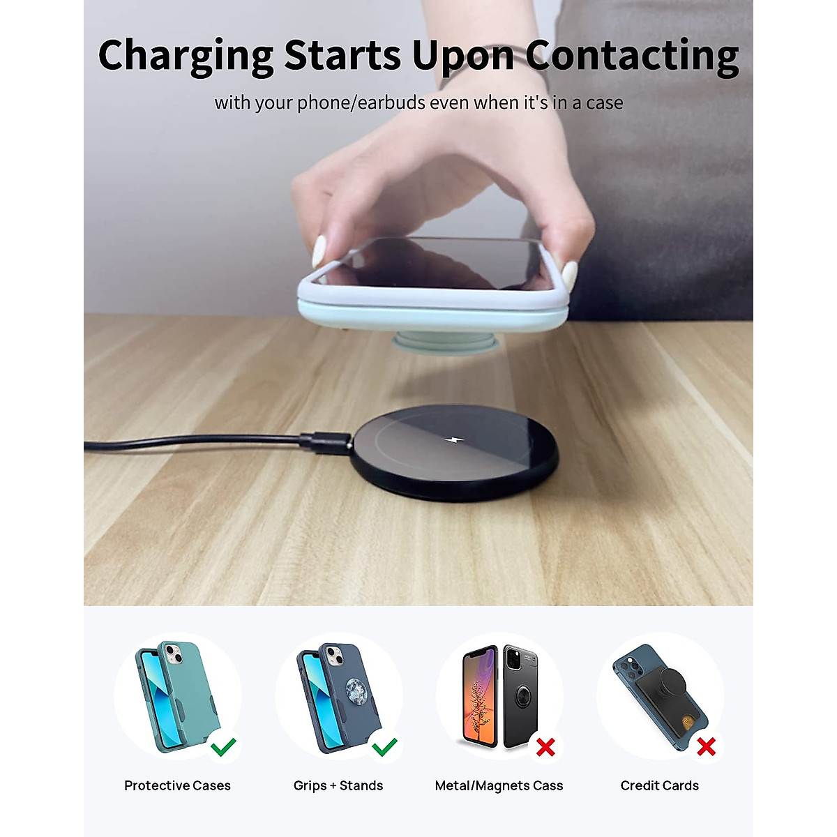 KPON Wireless Phone Charger for Popsocket/OtterBox/Thick Cases Up to 10mm - 15W Max Wireless Charging Pad, Compatible with iPhone 15/14/13/12/Samsung Galaxy S23/S22/Wireless Phones