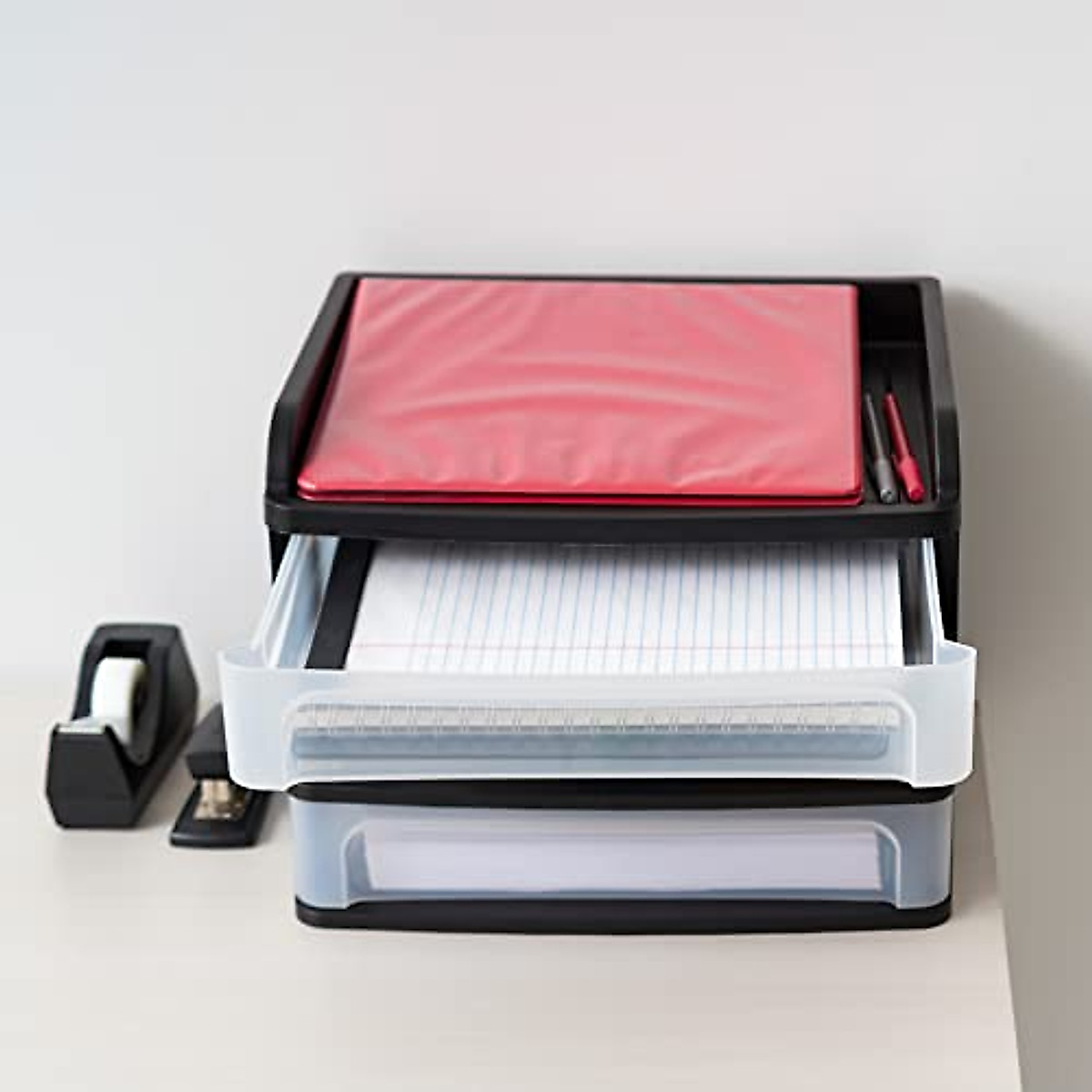 IRIS USA Medium 3-Drawer Desktop Organizer with Open Tray Top, 2 Pack, for Office, School, Stationary, Makeup Organizer, Bathroom, Utility, Medical Supplies, Desk Organizer, Versatile Storage, Black