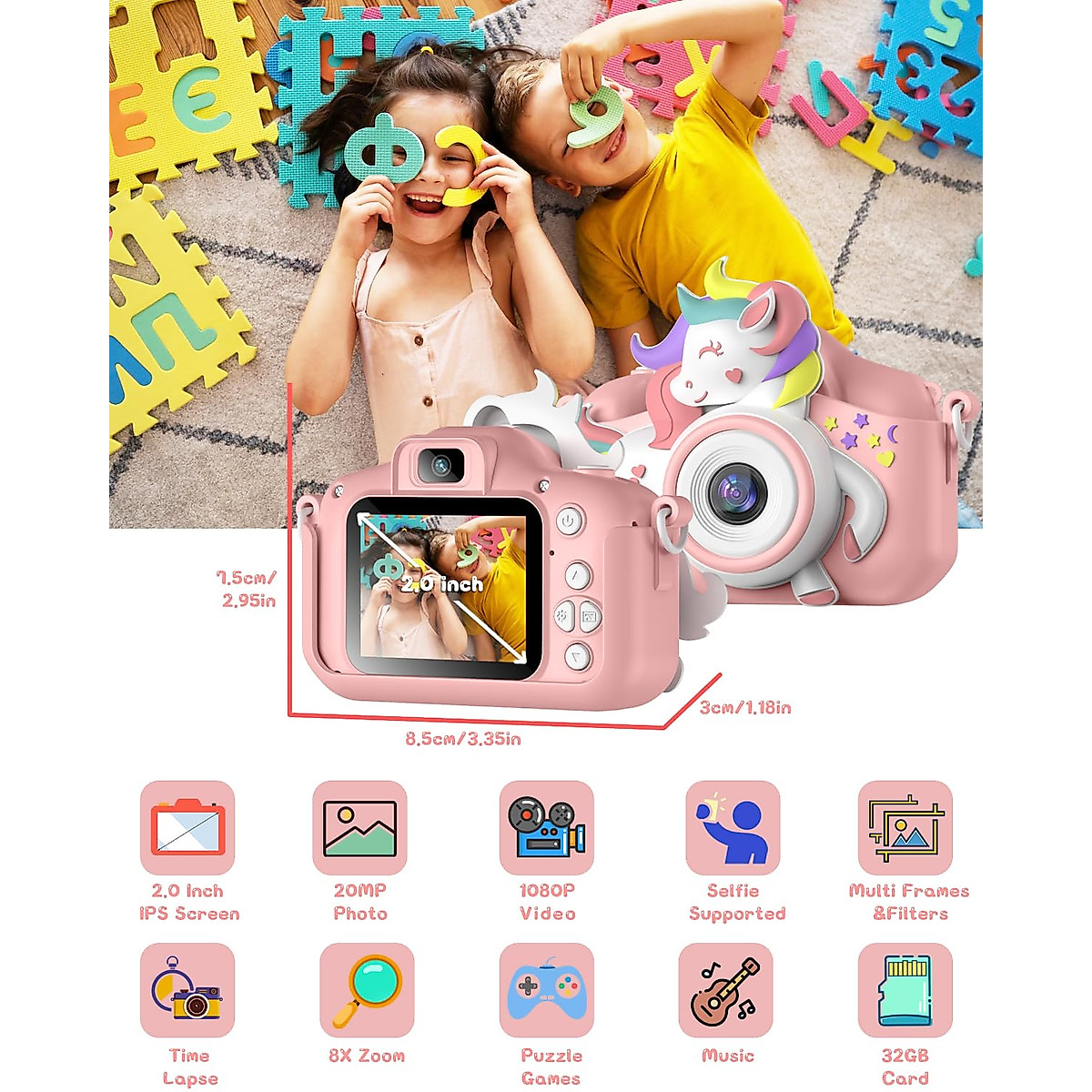 Kids Camera for 3-8 Years Old Toddlers Childrens Boys Girls Selfie Camera 20.0 MP HD 1080P IPS Screen Dual Digital Toy Camera for Kids Christmas Birthday Gifts