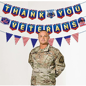 YEIRFYY Thank You Veterans Paper Banner and Pennant Banner Veterans Day Thank You for Your Service Bunting Banner Veterans Day Honoring All Who Served America Patriotic Party Decorations