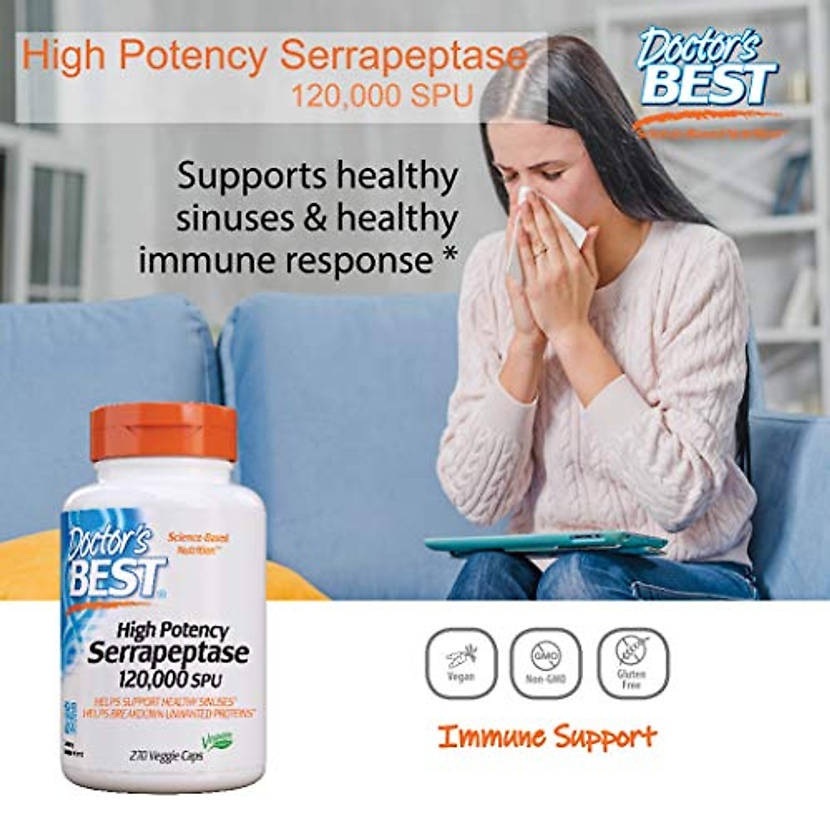 Doctor's Best High Potency Serrapeptase, Non-GMO, Gluten Free, Vegan, Supports Healthy Sinuses, 120, 000 SPU, 270 Veggie Caps