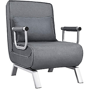 Convertible Sofa Bed Sleeper Chair, Modern Chaise Lounge 5 Position Adjustable Backrest, Folding Arm Chair Sleeper with Pillow, Upholstered Seat, Couch for Bedroom Home Office, Grey