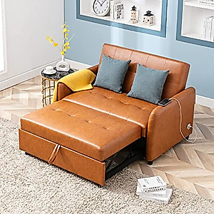 Gynsseh Sleeper Loveseat Pull Out Bed, 3-in-1 Convertible Sleeper Sofa Bed with Dual USB Ports, Faux Leather Adjustable Pull Out Loveseat Sleeper for Living Room Bedroom S2-brown