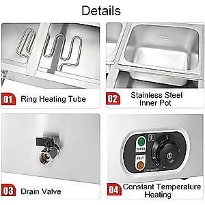 Commercial 1500W Electric Food Warmer, Stainless Steel Steam Table Buffet Server Food Warming Tray, Temperature Control, for Catering and Restaurants