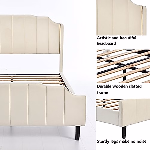 GLORHOME Queen Size Upholstered Platform, Bed Frame with Headboard and Footboard for Living Room/Bedroom, Velvet Fabric,Beige