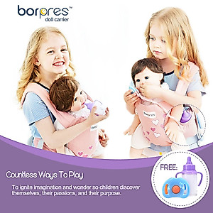 BORPRES Baby Doll Carrier for Kids Little Girls, with Feeding Toy Play Set for Baby Dolls, Comfortable and Safe Design,Premium Sturdy Cotton-Pink