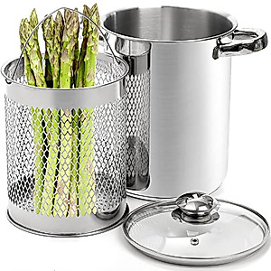 AVLA Asparagus Pot, 4 Quart Stainless Steel Steamer Cooker, Vegetable Asparagus Cooker with Removable Basket and Lid for Pasta, Spaghetti, Boiled Eggs, Shrimp, Oil Deep Fry Pan for French Fries