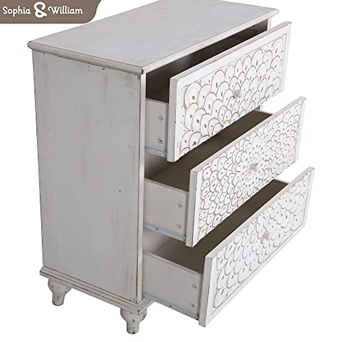 Sophia & William Accent Storage Cabinet with 3 Drawers Distressed Storage Chest with Carved Finch Feather Pattern for Entryway Living Room Bedroom