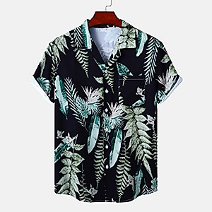 DUOWEI Male Spring and Summer Single Breasted Shirts Casual Print Lapel Beach Short Sleeve Pocket Outdoor Vacation Shirts Black