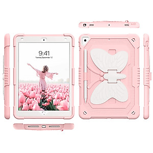 YINLAI for iPad 6th Generation Cases,iPad 9.7 Inch 6th/5th Generation 2018/2017/iPad Air 2nd Gen/iPad Pro 9.7 Case with Pencil Holder Butterfly Kickstand Girls Kids Shockproof Protective Cover,Pink