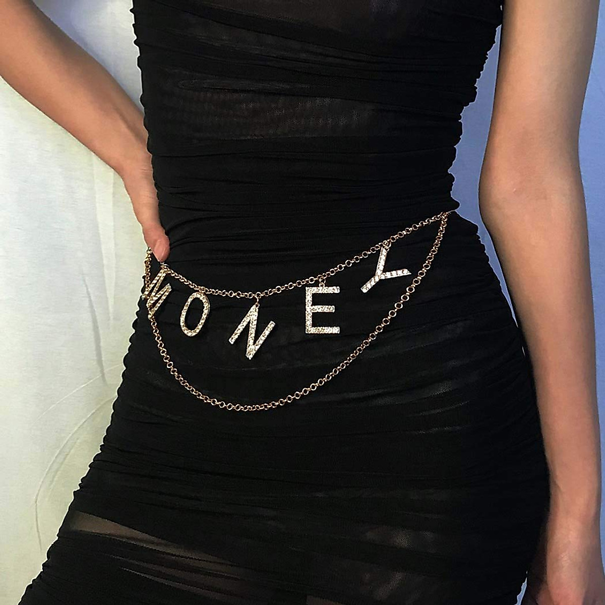 Masiter Rhinestone Waist Chain Belt Crystal Letter Money Belly Body Chain Party Body Jewelry Accessories for Women and Girls