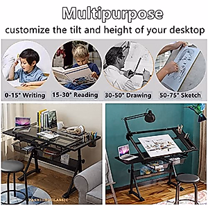 Gynsseh Glass Drafting Table Drawing Desk with Stool, Height Adjustable Art Desk for Adults/Artists, Tiltable Tabletop Professional Art Table Paintings Desk for Home Office School (Black)