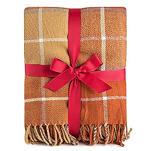 G Lake Orange Plaid Blanket Throw Acrylic Soft Reversible Dyed Fringed Bed Blanket Gift for Christmas Decorations 50" W x 67" L-Pumpkin Orange