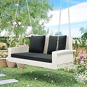 UBGO 2-Person Wicker Hanging Porch Swing with Chains, Cushion, Pillow, Rattan Swing Bench for Garden, Backyard, Pond. (White Wicker, Gray Cushion)