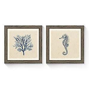 Ocean Framed Wall Art Bedroom: 2 Pieces Sea Horse Vintage Artwork Abstract Watercolor Coral Painting Coastal Gallery Prints Minimalism Seascape Picture for Bathroom Office