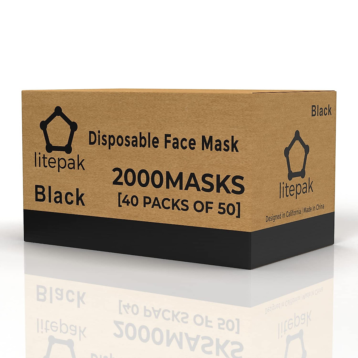 Litepak 2000pcs Disposable Face Masks Black 3-Ply Adult Mask Nose Wire Protection - Breathable Protective Face Covering (Black)