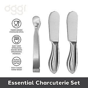 Oggi Charcuterie Utensil Set, Charcuterie Accessories, Cheese Knives Set - Stainless Steel, 3pcs with Knives/Spreaders & Tongs, 5" Long