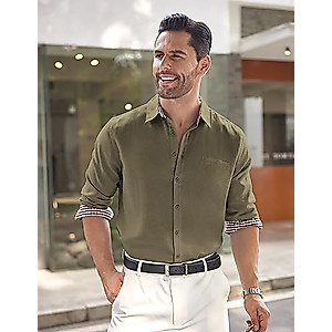 COOFANDY Mens Chambray Dress Shirt Oxford Casual Shirt Button Down Long Sleeve Shirt Army Green