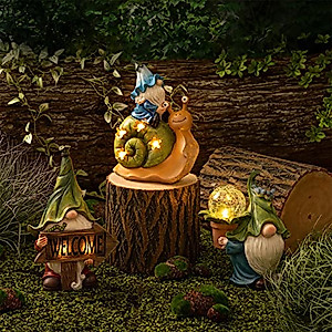 LA JOLIE MUSE Garden Gnomes Statue -9.2'' Resin Garden Snail with Gnome Figurine with Solar LED Lights, Outdoor Decoration for Patio Yard Lawn Porch, Ornament，Decor