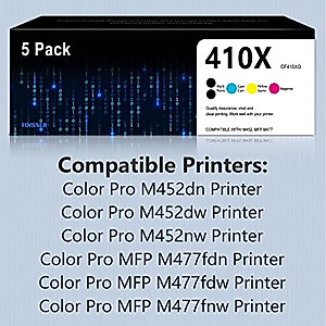410X Toner Cartridge CF410X CF411X CF412X CF413X, 5 Pack High Yield Replacement for HP 410X Color Pro M452dn M452dw M452nw MFP M477fdw M377dw M477fnw M477fdn Toner Printer, 2BK/1C/1Y/1M