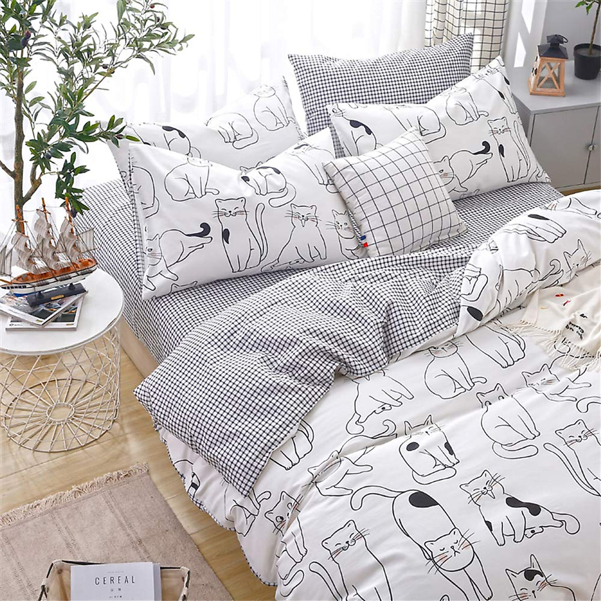 LAYENJOY Cats Duvet Cover Set Twin, 100% Cotton Bedding, Various Cartoon Cats Pattern Printed on White Reversible Black Plaid, Cute Animal Comforter Cover for Kids Teens Boys Girls, No Comforter
