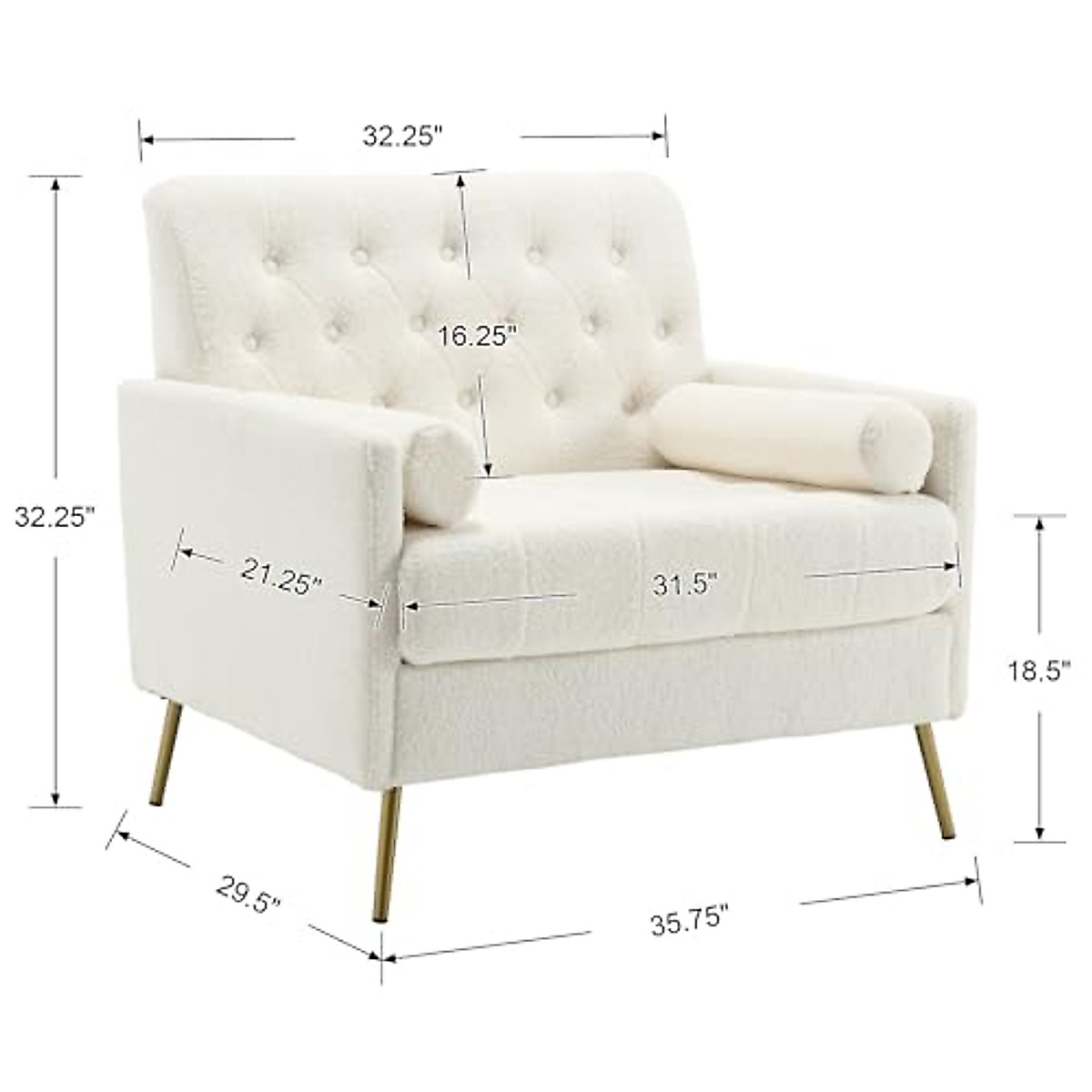 Guyou Modern Accent Chair, White Sherpa Upholstered Tufted Armchair Reading Chair Sofa Chair with Removable Cushion and Gold Legs for Living Room Bedroom Office Chatting Room