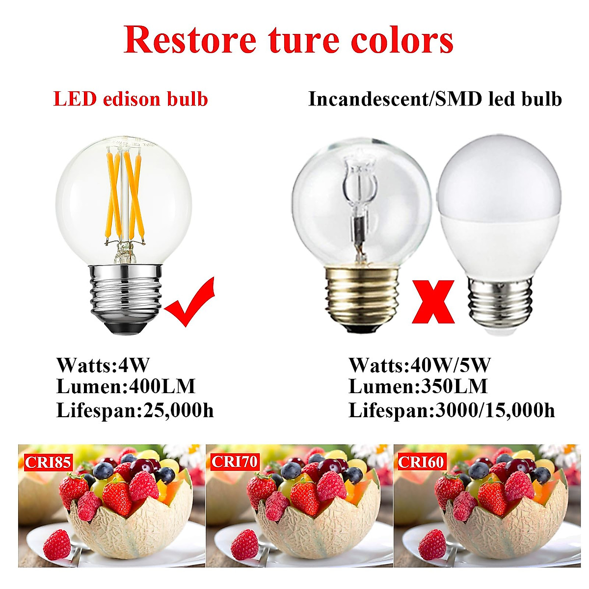 Arberlic G16.5 Light Bulb LED,4W E26 LED Bulb dimmable Equivalent E26 40 watt Light Bulb,Warm White 2700K,400lm,CRI85+,AC120V,Edison Style,Clear Glass,Flicker Free,Pack of 6