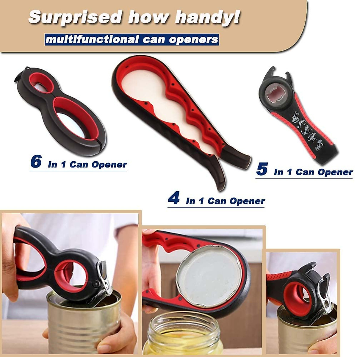 3 Pack Jar Opener, Multi Function 4&5&6 in 1 Bottle Opener (Red & Black)