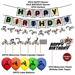 57Pcs Motocross Birthday Party Supplies Dirt Bike Garland Banner Cake Topper Motorcycle Cupcake Toppers Latex Balloons Set for Dirt Bike Extreme Sports Racing Party Boy Birthday