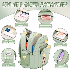 PRAGARI Kids Backpack for School Cute Aesthetic Green Backpack Girls Student Bookbag Women Travel Lightweight Book Bag