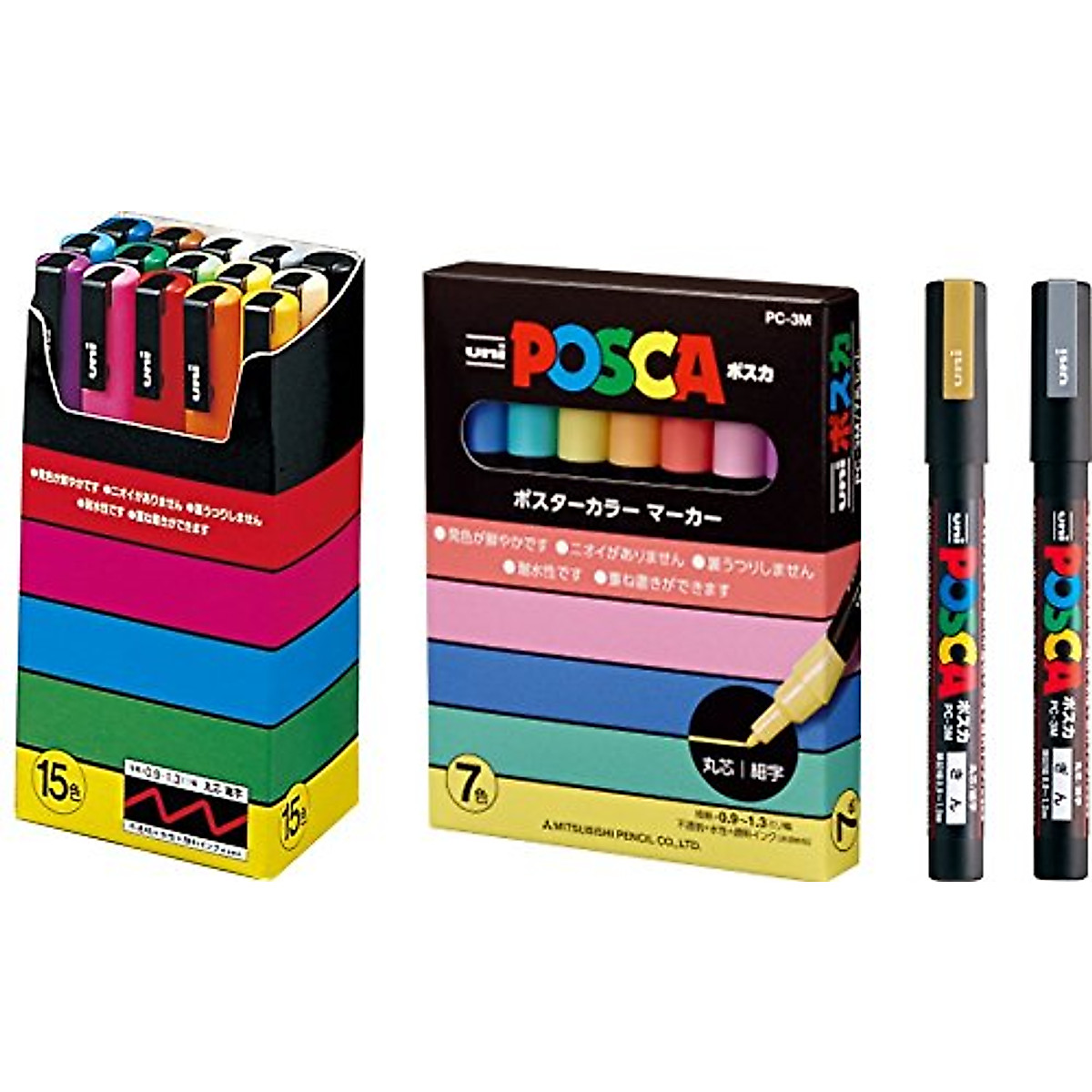 Uni POSCA Paint Marker Pen - Fine Point - Non Alcohol - Odorless Water Resistant Maker - Set of 24 (PC-3M15C & PC-3M7C & Gold & Silver) with Original Vinyl case