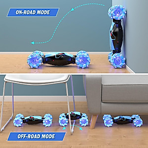 Powerextra Remote Control Car, 4WD 2.4GHz RC Stunt Car, Watch Gesture Sensor Car, Double Sided Rotating Off Road Vehicle 360° Flips with 2 Batteries, Deformable Electric Car Kids Toy Cars - Green