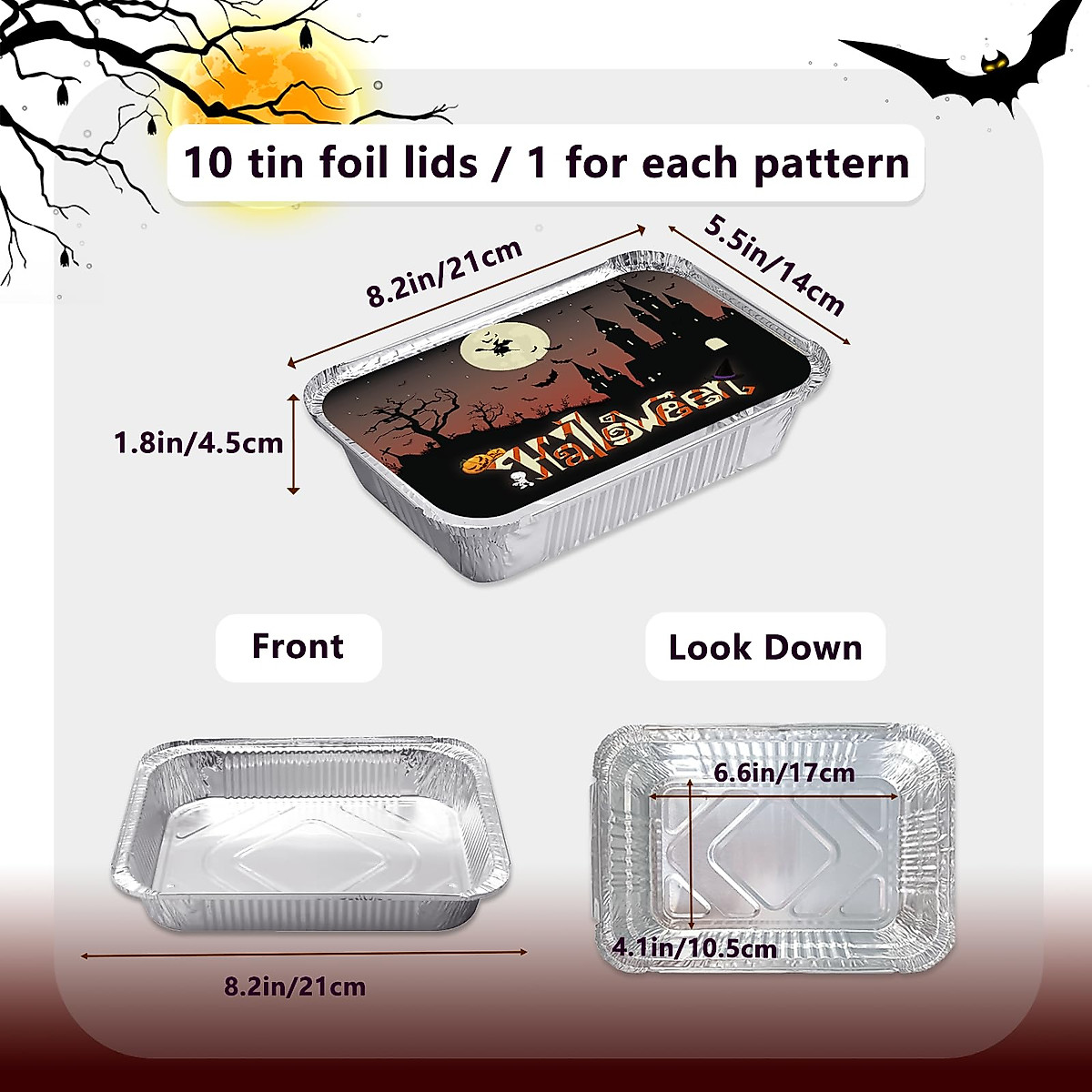 DTESL 50PCS Halloween Foil Containers with Lid, Halloween Leftover Containers trick or treat Disposable Aluminum Pans with Lids Aluminum Food Containers Storage for Baking, Halloween Party, Cooking