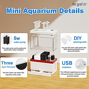 Insputer Mini Fish Tank with Filter and LED Light 1 Gallon Betta Aquarium Tropical Freshwater Phone & Pad Holder Hydroponic Plants Basket for Office Home Desk Use