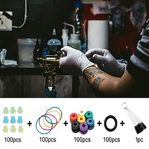WZPB 401Pcs Tattoo Machine Parts - 100 Tattoo Rubber Bands 100 Tattoo O-rings 100 Tattoo Needles Grommets 100 Tattoo Rubber Pad and 1 Tattoo Cleaning Brush Set for Tattoo Machine Tattoo Supplies