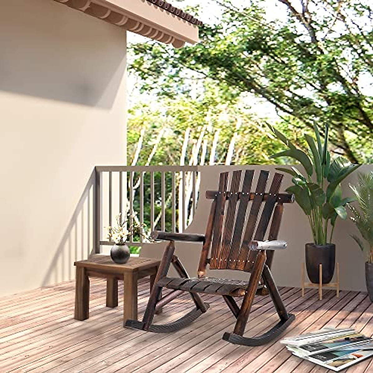 Outsunny Outdoor Wooden Rocking Chair, Rustic Adirondack Rocker with Slatted Seat, High Backrest, Armrests for Patio, Garden, and Porch, Large, Brown