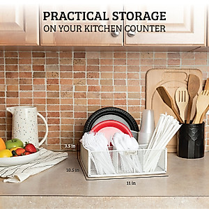 ELTOW Silverware Holder and Paper Plater Organizer for Countertop, 6 Compartment Utensil Caddy for Parties, Home, Office or RV Lifestyle (White)