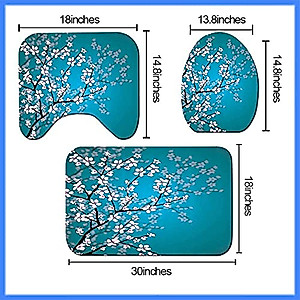 4Pcs Cherry Blossom Shower Curtain Set with Non-Slip Rugs and Toilet Lid Cover Pink Sakura Floral Blossom Teal Bath Curtains Plum Tree Bathroom Decor
