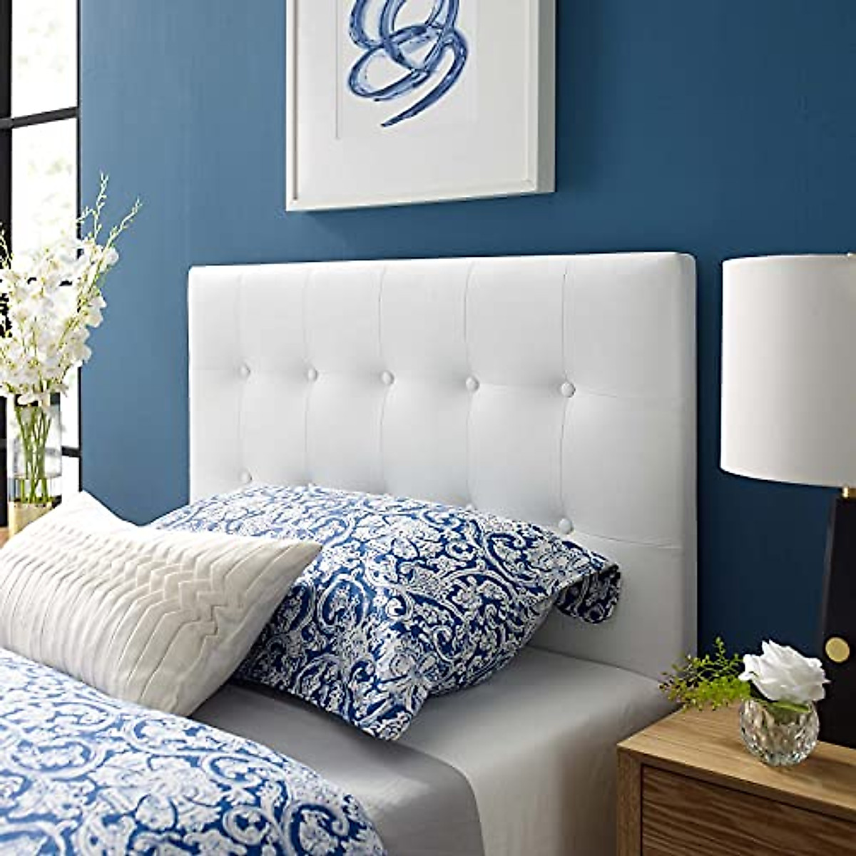 Modway Emily Tufted Button Faux Leather Upholstered Twin Headboard in White