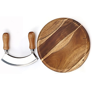 Mezzaluna Knife and Round Cutting Board - Double Blade Chopping Knife Pizza Cutter Rocker Knife Mezzaluna With Wood Cutting Board Salad Chopper Mincing Knife Stainless Steel