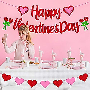 Happy Valentine’s Day Banner Romanic Red Heart Garland for Women Girls Valentine’s Day Themed Anniversary Wedding Engagement Bridal Shower Party Supplies Glitter Decorations