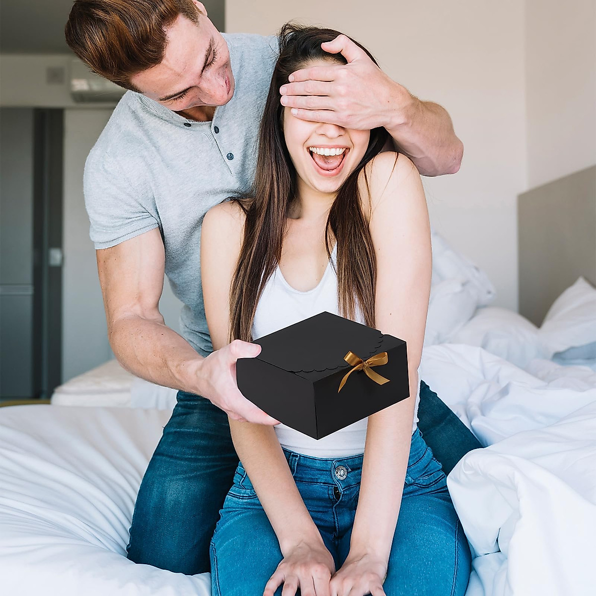 10 PCS Gift Boxes with Lids, 8x8x4 inches Cardboard Gift Boxes, Black Gift Boxes with Ribbon, Paper Gift Boxes for Present Wedding, Mother's Day Packaging, Birthday, Crafting, Party, Cupcake (Black)