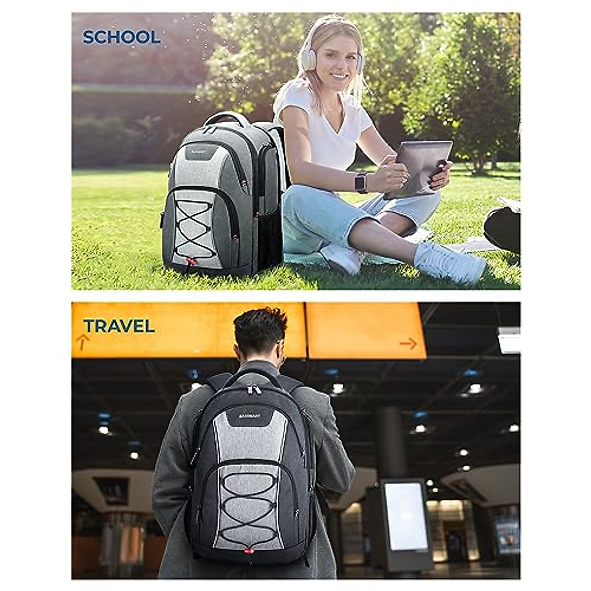 BAGSMART Travel Laptop Backpack, 15.6 inch Anti Theft Laptop Backpack With USB Charger Hole, Water Resistant Grey College bookbag for Women Men, Casual Daily Backpack for travel, Grey