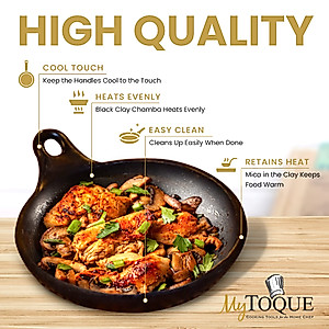 Toque Blanche Authentic Chamba Saute Pan – Gift for Men & Women – Handmade Black Clay Cooking & Serving Pan with Handle – Deep Pan with Lid - Stovetop & Oven Safe Deep Skillet, 8 Inches