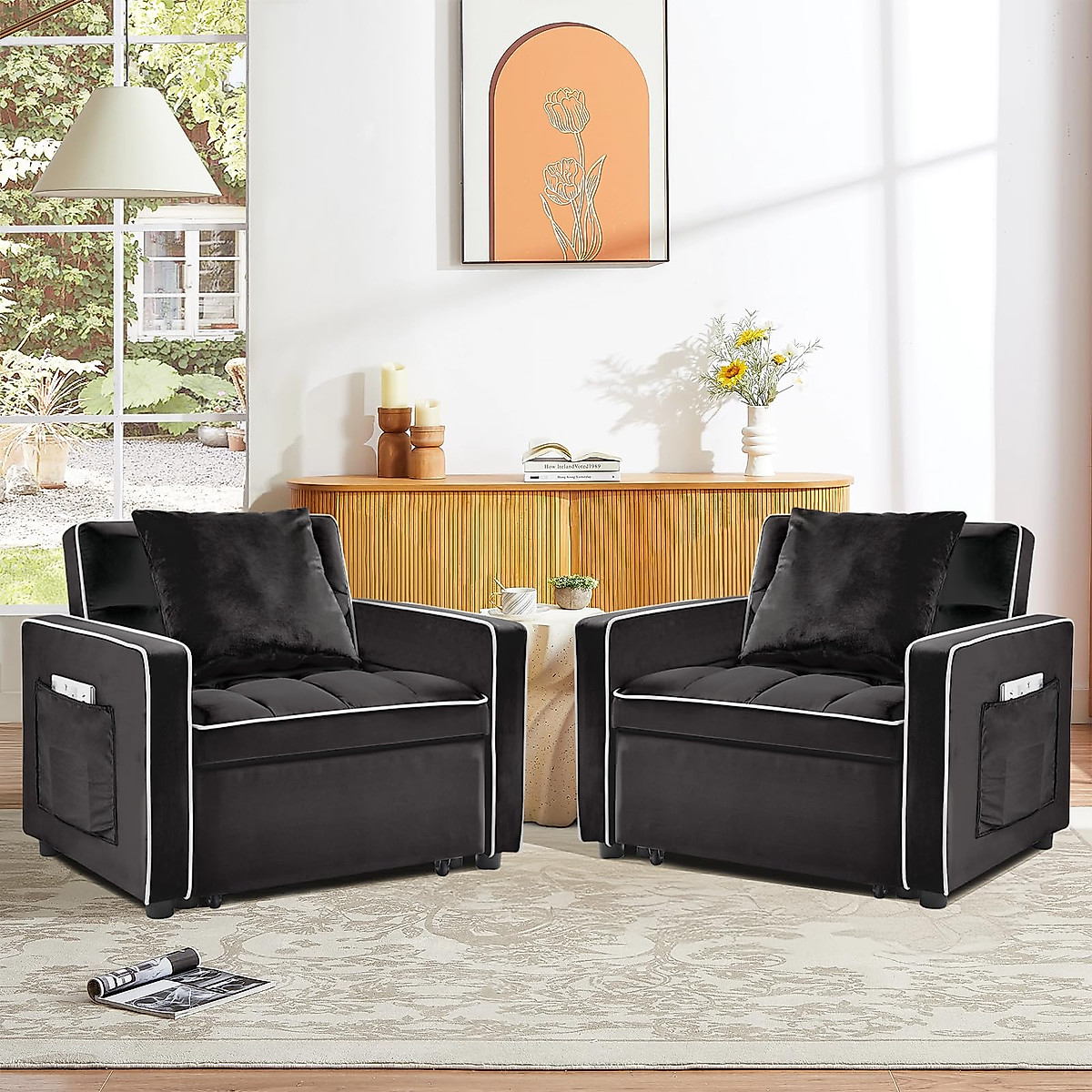 CAPCAEK 3 in 1 Single Convertible Sleeper Sofa Chair, 35.4" Pull Out Sofa Bed with Adjustable Backrest, Modern Chaise Lounge with Storage, Sleeper Chair Bed with Pillow for Living Room (2, Black)