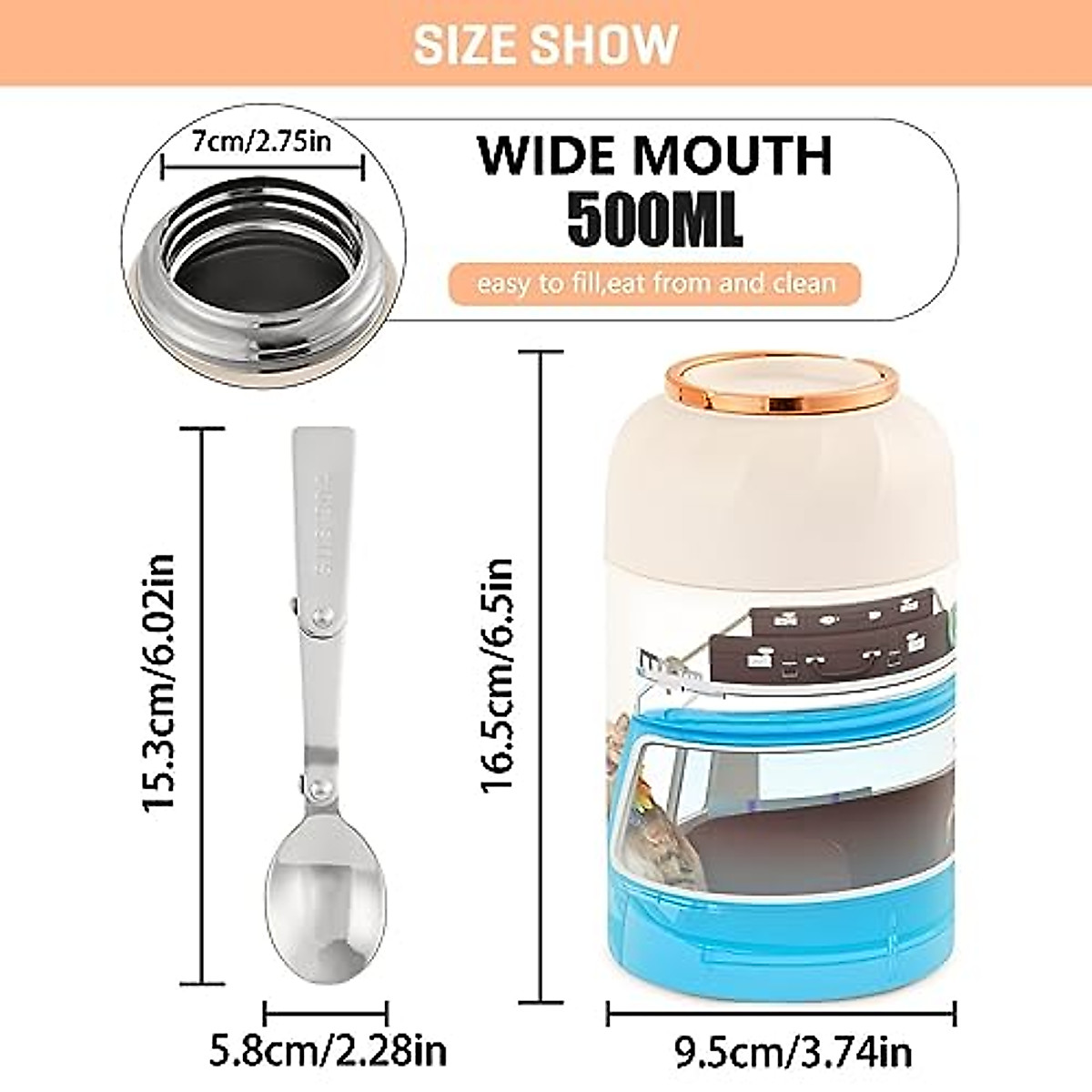 CUPADA Funny Cats Vacation Food Jar, Car Driving Insulated Hot Food Jars Vacuum 17OZ with Folding Spoon for Work Trip Picnic Camping