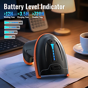 Tera Barcode Scanner Wireless and Wired with Battery Level Indicator 1D 2D QR Digital Printed Bar Code Reader Cordless Handheld Barcode Scanner Compact Plug and Play Model D5100